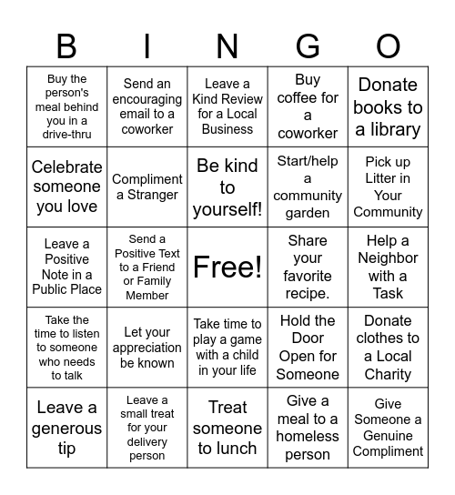 Random Acts of Kindness Bingo Card