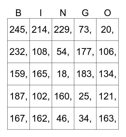 Numbers 1-1000 Bingo Card