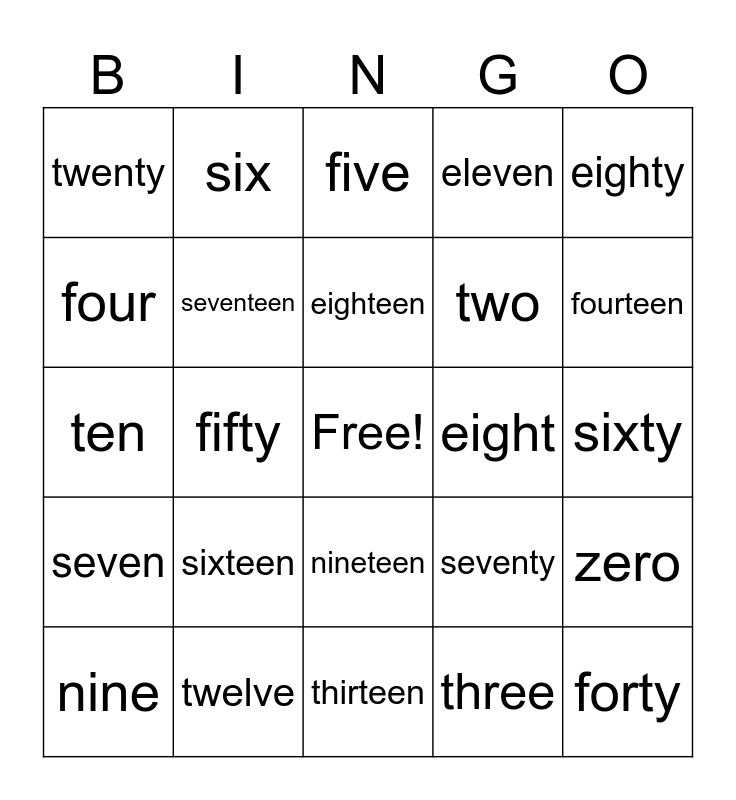Number Words Bingo Card
