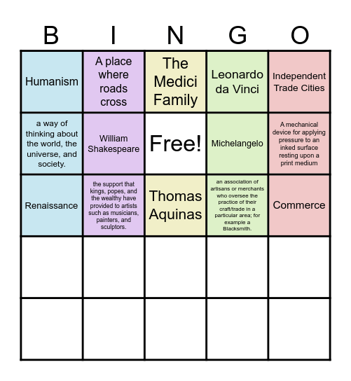 Unit 7: The Renaissance Bingo Card
