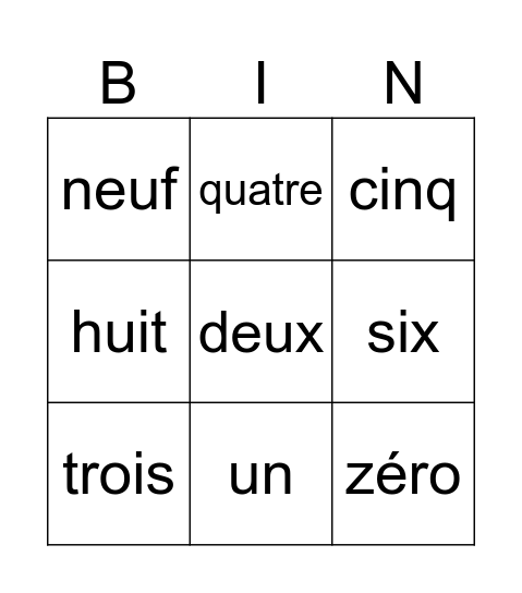 Bingo Les nombres Bingo Card