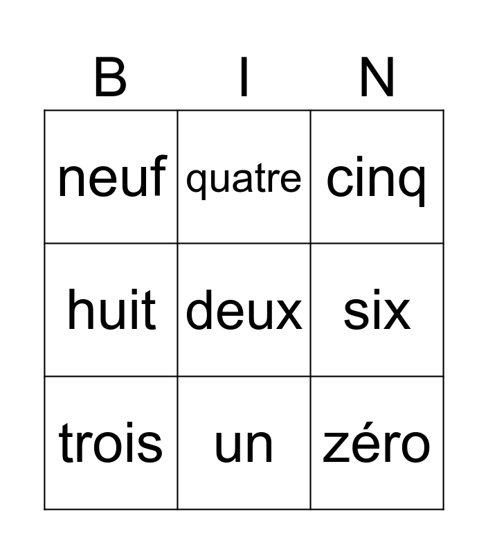Bingo Les nombres Bingo Card