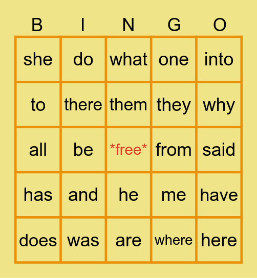 Sight Word Bingo Card