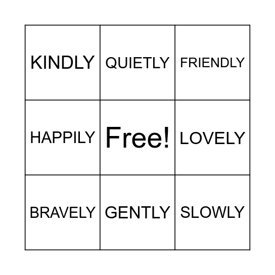 Words Ending In LY Bingo Card