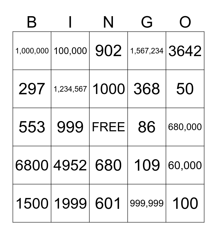 Big Numbers Bingo Card