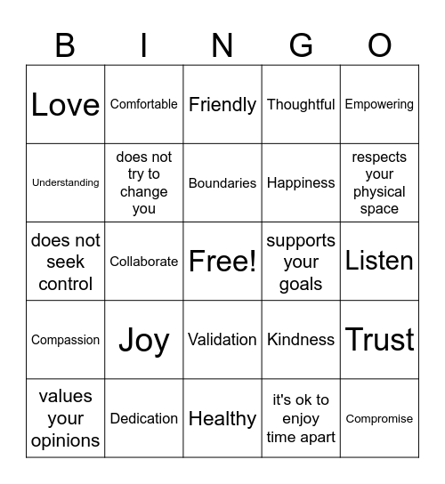 Healthy Relationship BINGO CSH Bingo Card