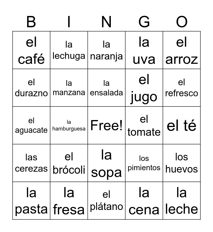 Food Bingo Vocab Key Bingo Card