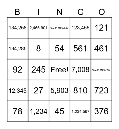 Numbers >100 Bingo Card