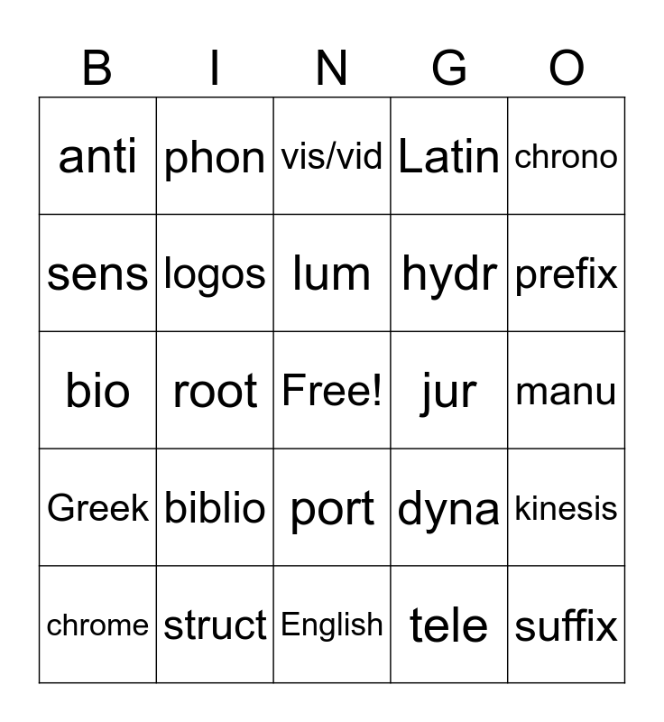 Greek and Latin Roots Bingo Card