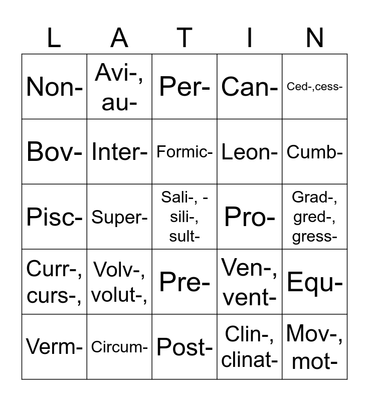 Latin affix Bingo Card