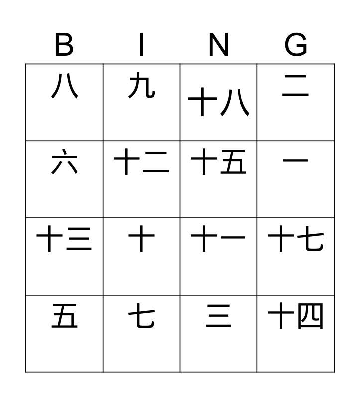 Chinese number （1-20） Bingo Card