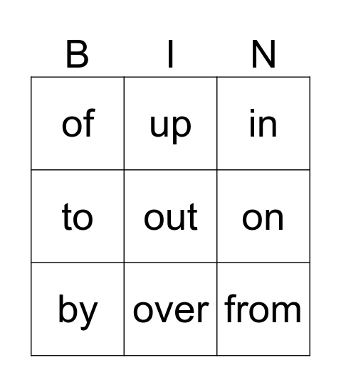 Prepositions Bingo Card