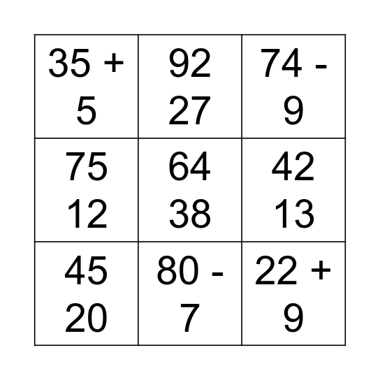 TIC TAC TOE (Add/Subtract within 100) Bingo Card