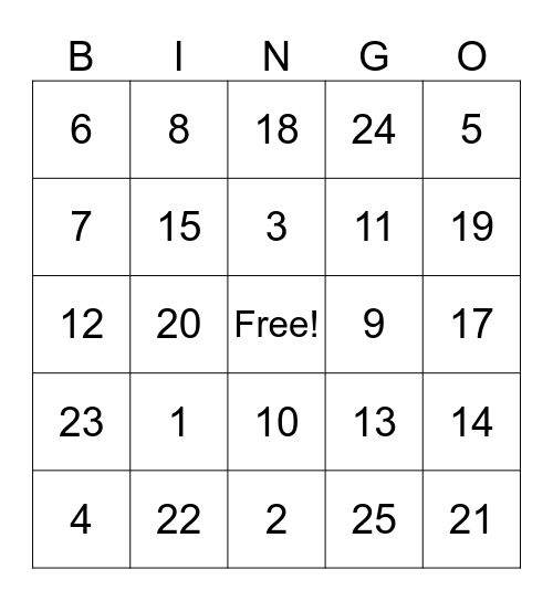 NUMBER BINGO Card
