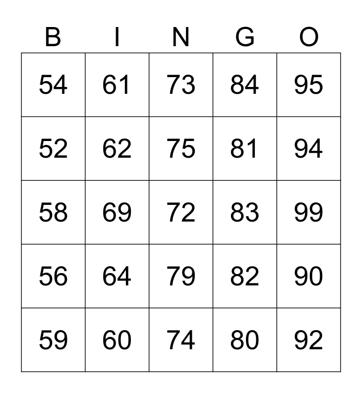 Numbers 50-100 Bingo Card