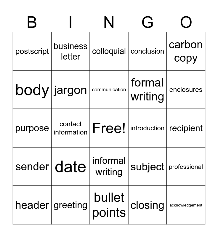 Business Letter Writing Bingo Card