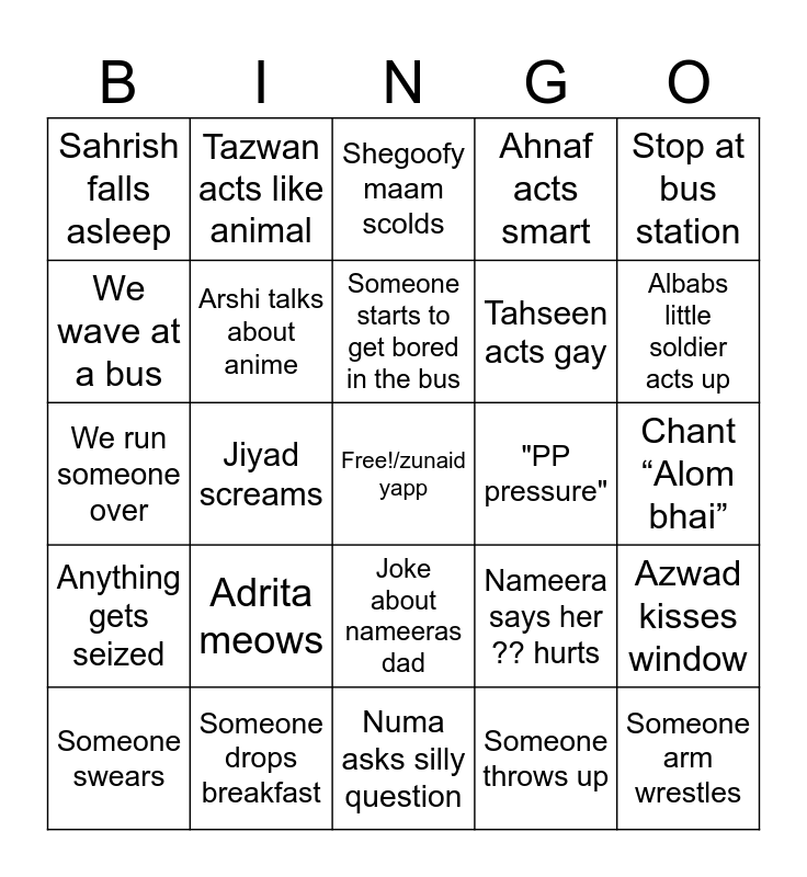 bus bingo Card