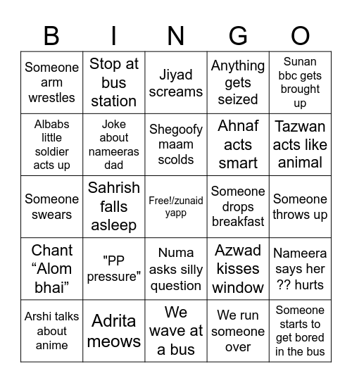 bus bingo Card