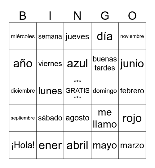 Grade 6 Spanish Bingo Card