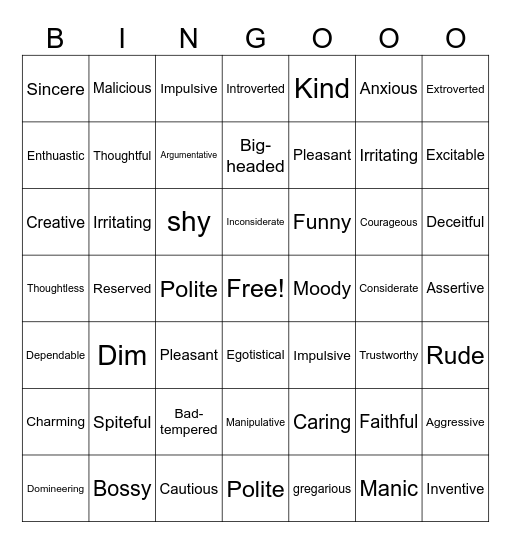 Behavior Management Bingo Card
