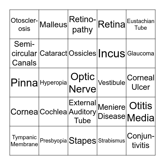 Ophthalmology and Otolaryngology Bingo Card