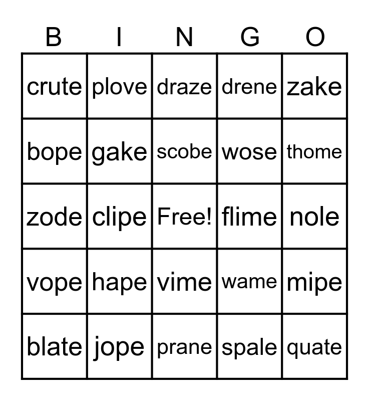 4.1 Nonsense Words Bingo Card