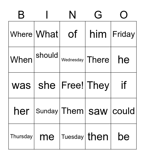 Tricky Words Bingo Card