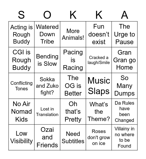 Netflix's ATLA, EP 1: The Last Airbender Bingo Card