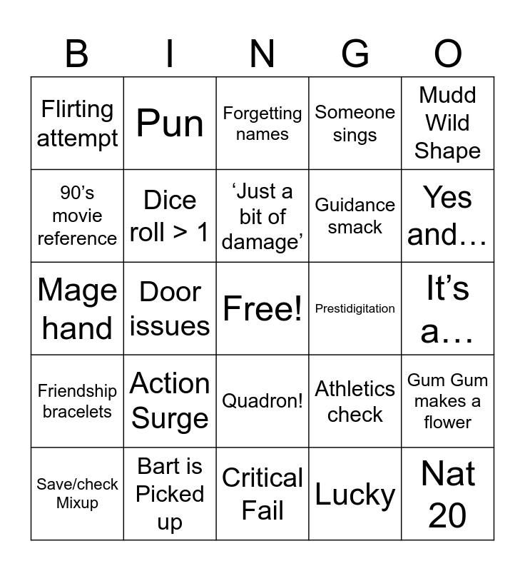 Stinky Dragon Bingo Card