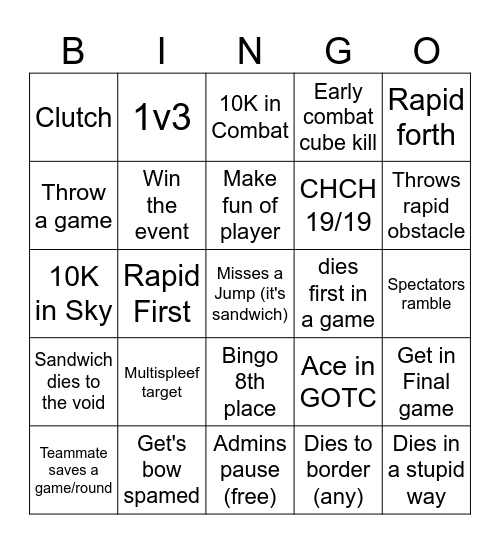 Mayhem Sandwich Bingo Card