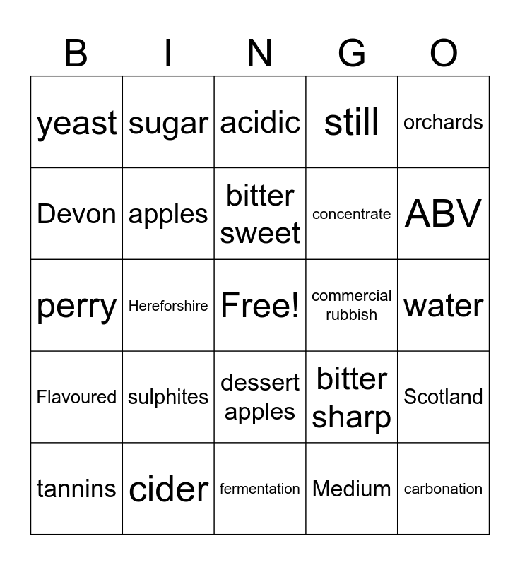 Cider Tasting Bingo Card