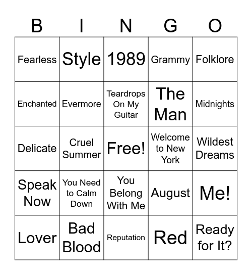 Taylor Swift Bingo Card