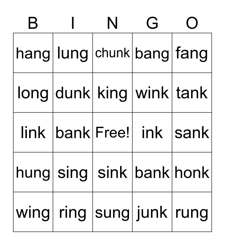 ing, ang, ong, ung, ink, ank, onk, unk Bingo Card