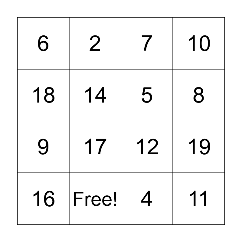 Numbers 1—20 Bingo Card