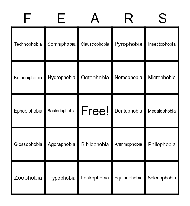 Phobia Bingo Card
