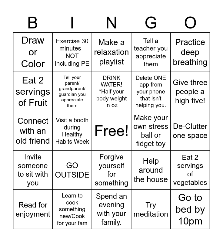 Healthy Habits Bingo! Bingo Card