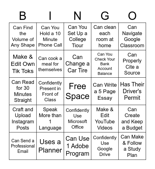 Hard Skills Bingo Card