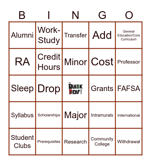 College Bingo Card