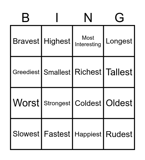 Superlative Adjectives Bingo Card