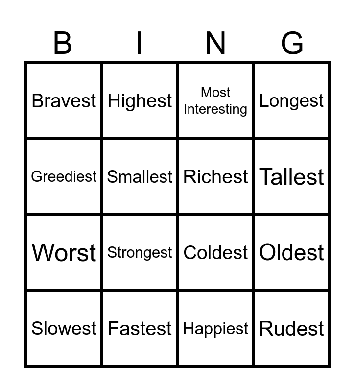 Superlative Adjectives Bingo Card