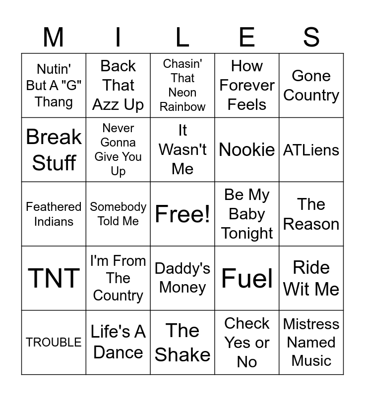Songs I Think Miles Likes BINGO Card