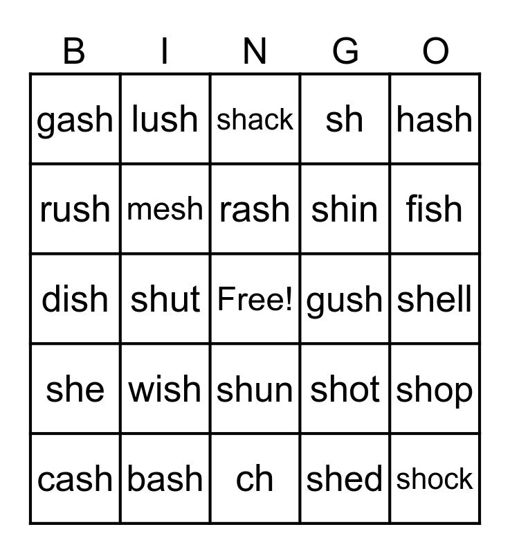 SH sound Bingo Card