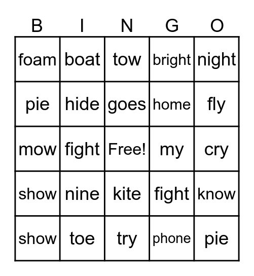 Long I and Long O Words Bingo Card