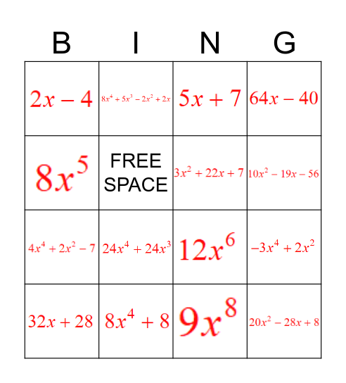 Polynomial BINGO Card