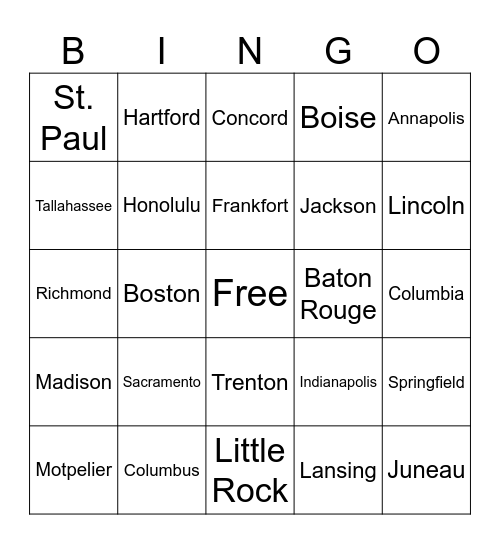 States/Capitals Bingo Card