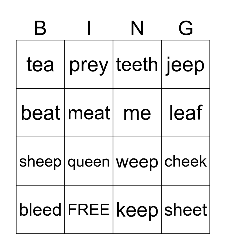 Long e Vowel Team Bingo Card