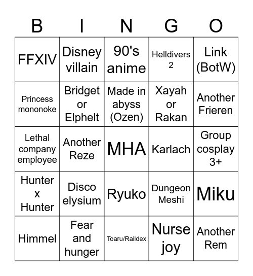 Cosplay bingo Card