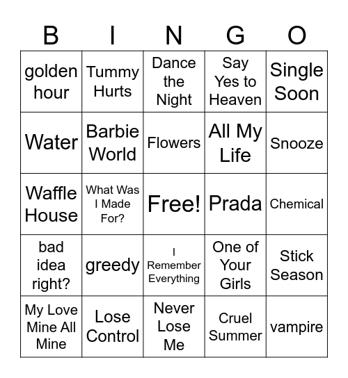 Today's Top Hits Bingo Card