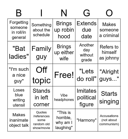 Mr. Setliff Bingo Card