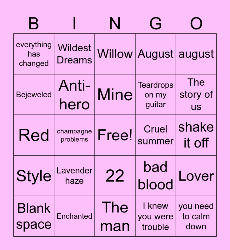 Taylor Swift Bingo Card